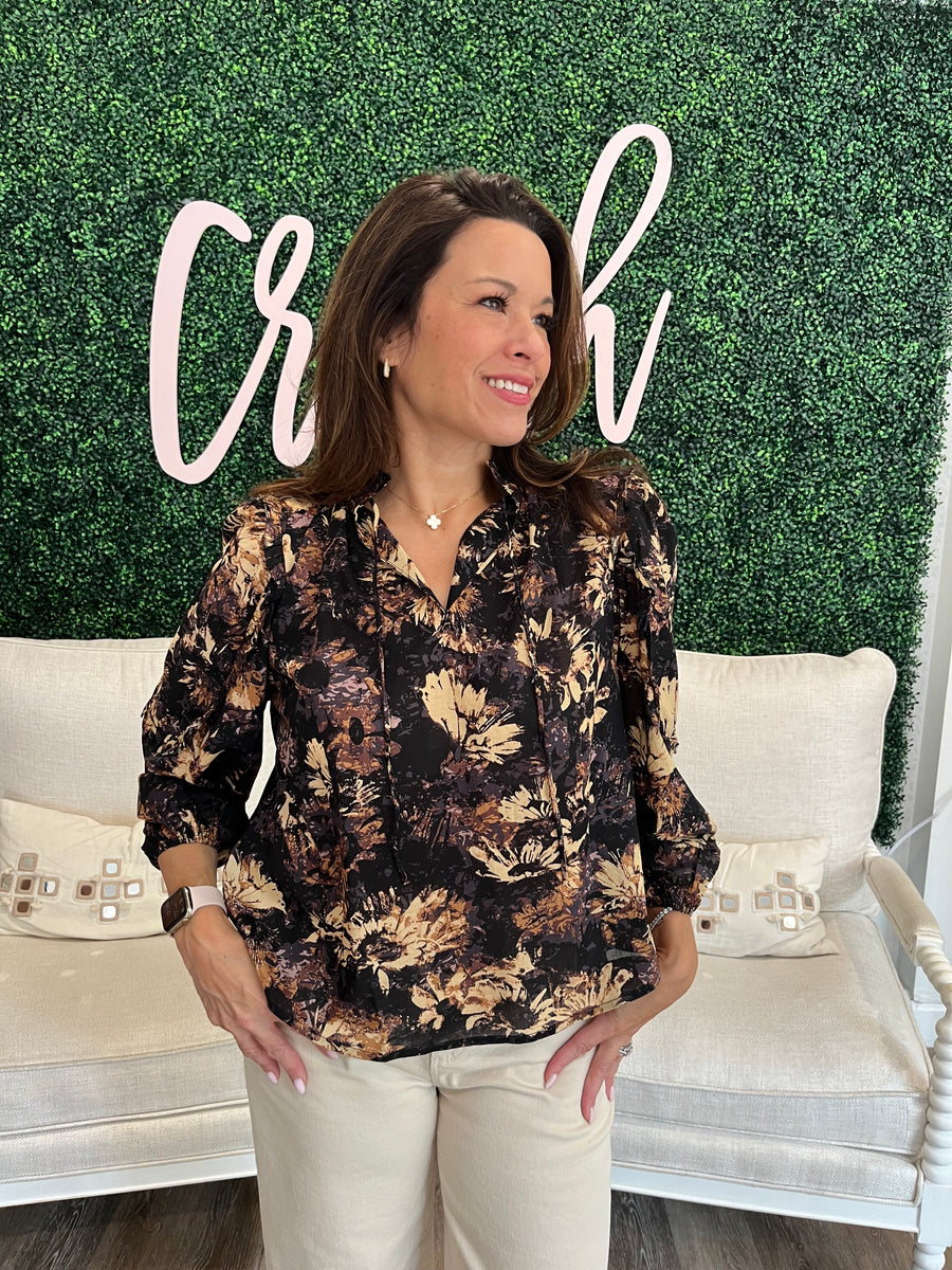 Elan Peasant Blouse in Black Tuscany Floral – Crush Boutique